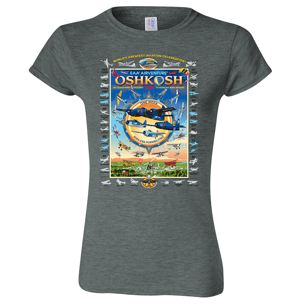 EAA Ladies' AirVenture Oshkosh 2025 Event T-Shirt, Charcoal – Shop EAA ...