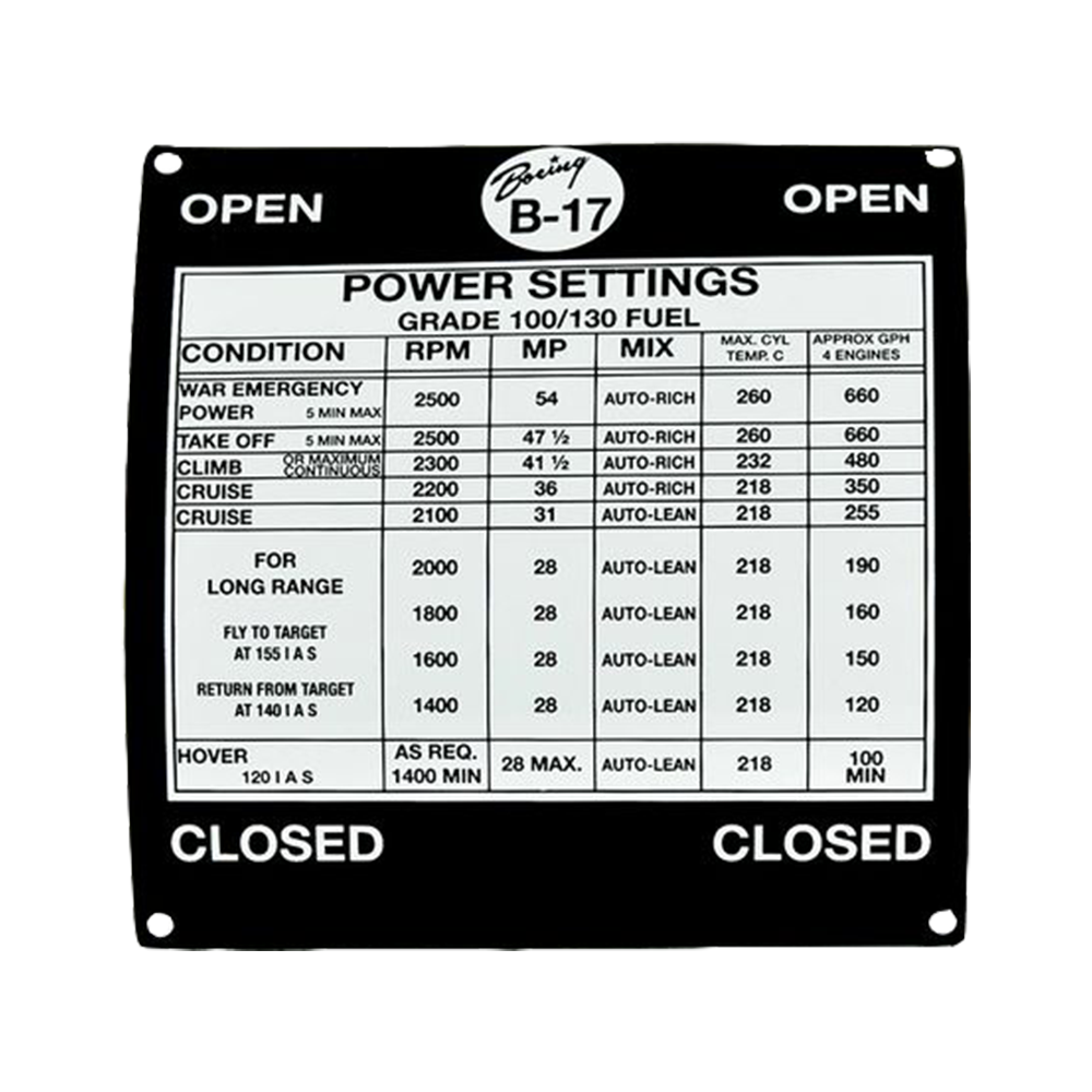 Boeing B-17 Power Settings Placard/Chart – Shop EAA Merchandise